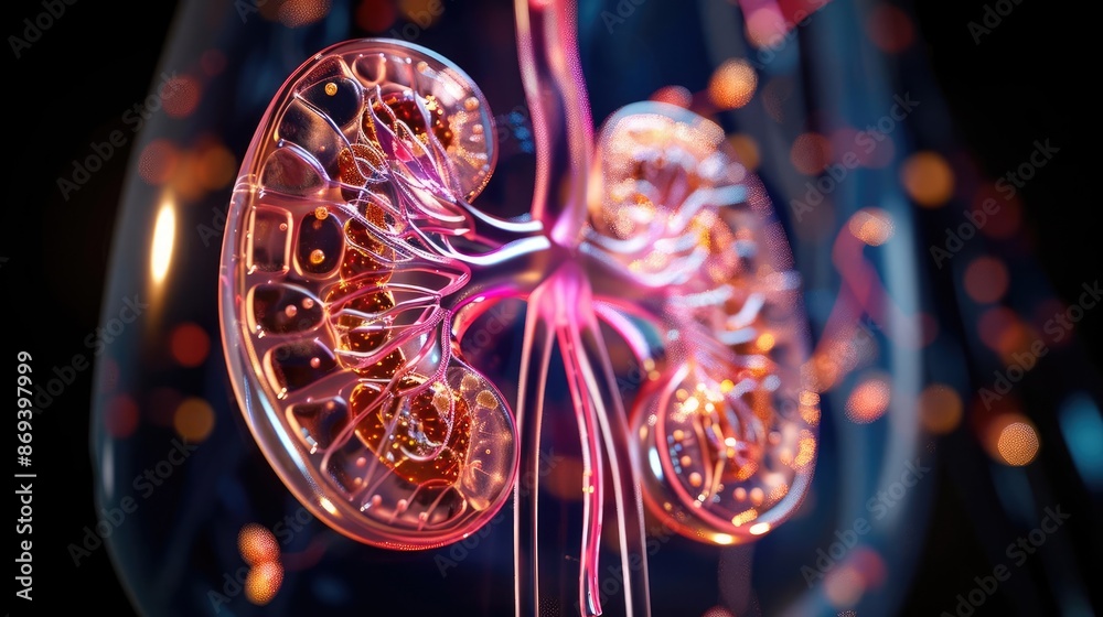 3D rendering of the kidneys showing the filtration process, intricate ...