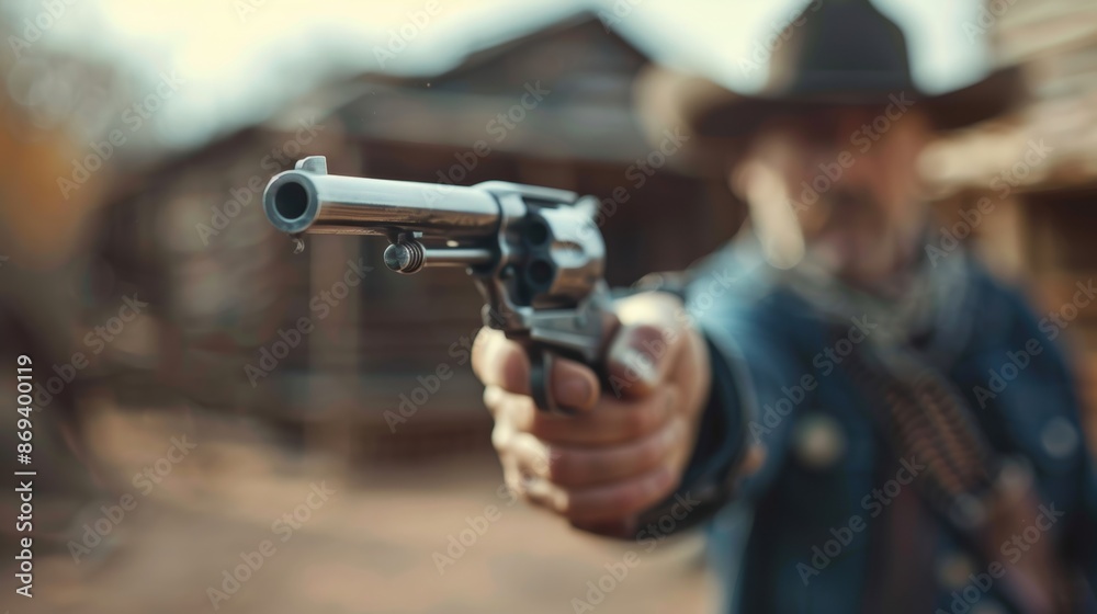 A cowboy in the Wild West aiming a revolver, capturing the rugged and ...