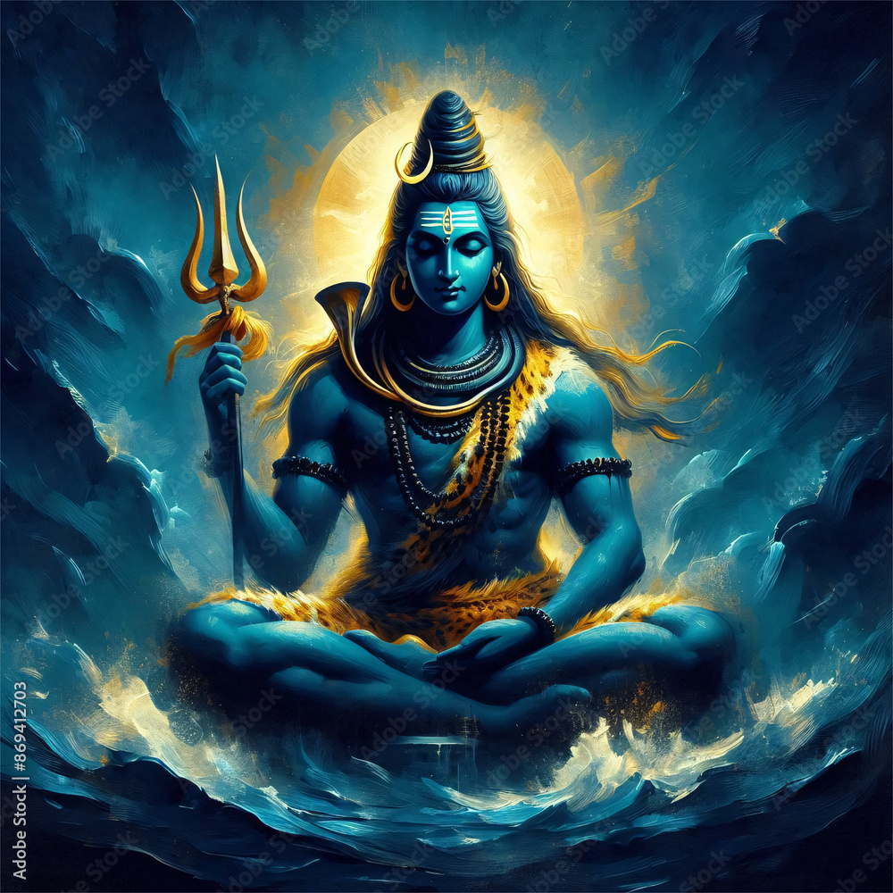 modern blue and golden oil paint brush stroke art of lord shiva sitting ...