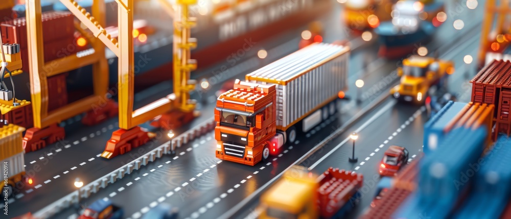 Isometric view of container trucks loading cargo on a busy highway ...