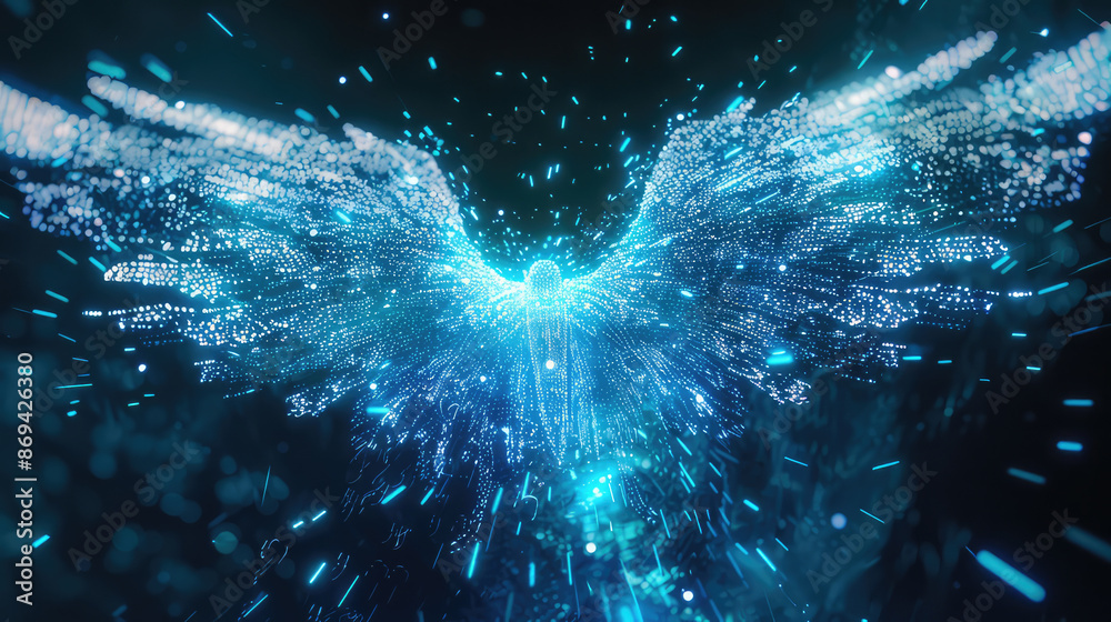 Digital angel spreading his wings. Artificial intelligence concept ...