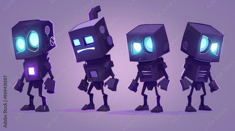 Modern cartoon illustration of cute black bot characters with emotions ...