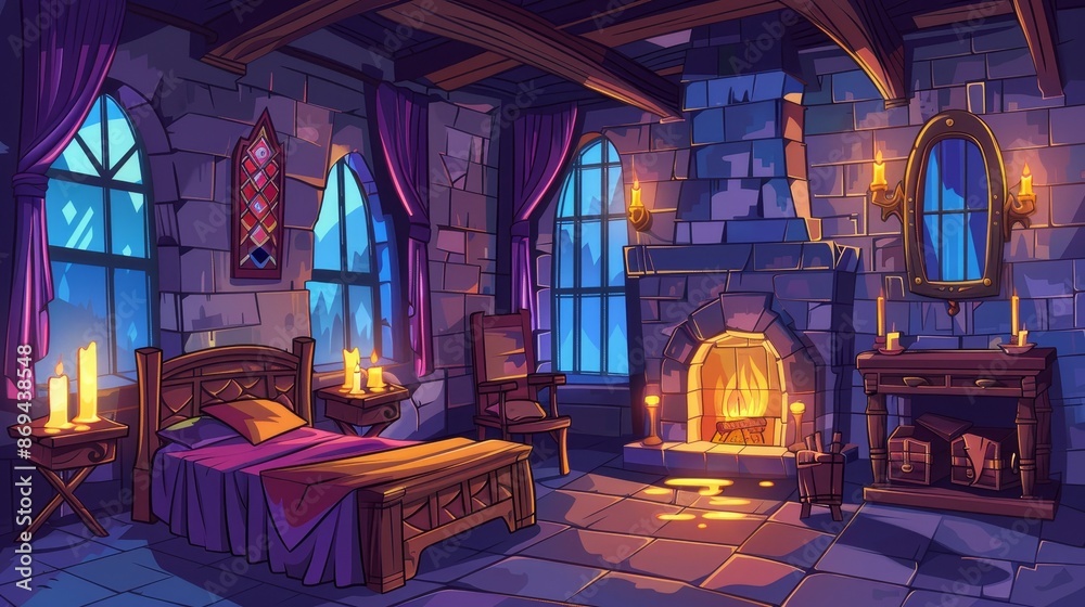 Castle room with fireplace, wood furniture and stained glass window at ...