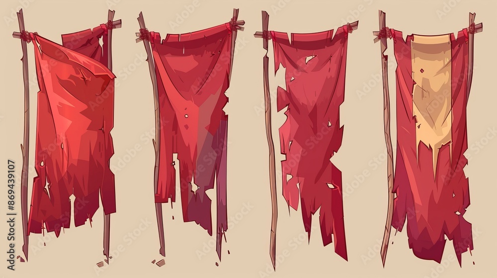 Cartoon image of a royal medieval red game flag torn from old fabric ...