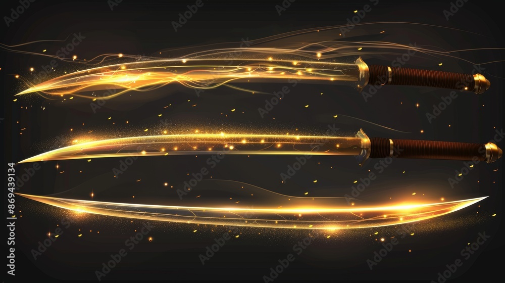 Isolated sword attacks, slashes, and cuts. Light trails of fast motion ...