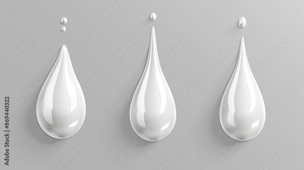 Realistic 3d set of white cream droplets falling from transparent ...