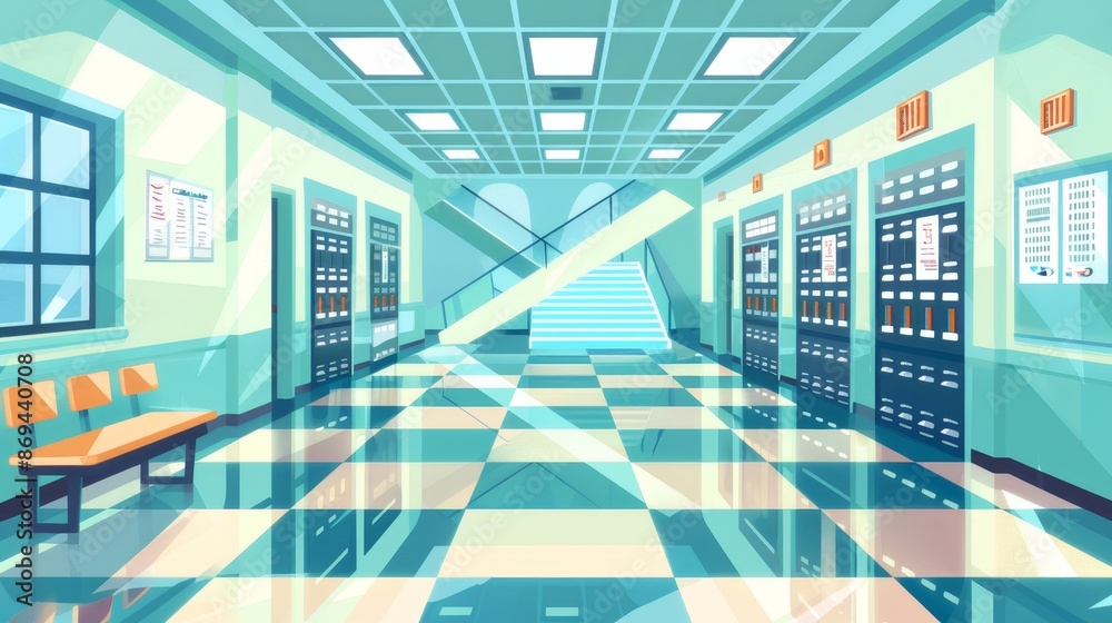 Cartoon backdrop of an empty school hall with lockers, stairs, and exit ...