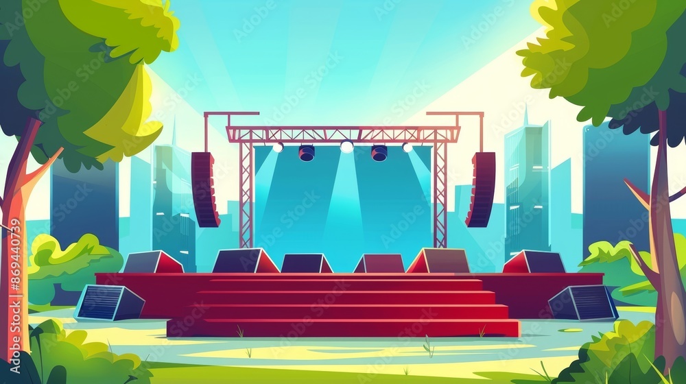 Music concert stage in the park. Cartoon illustration of a summer rock ...