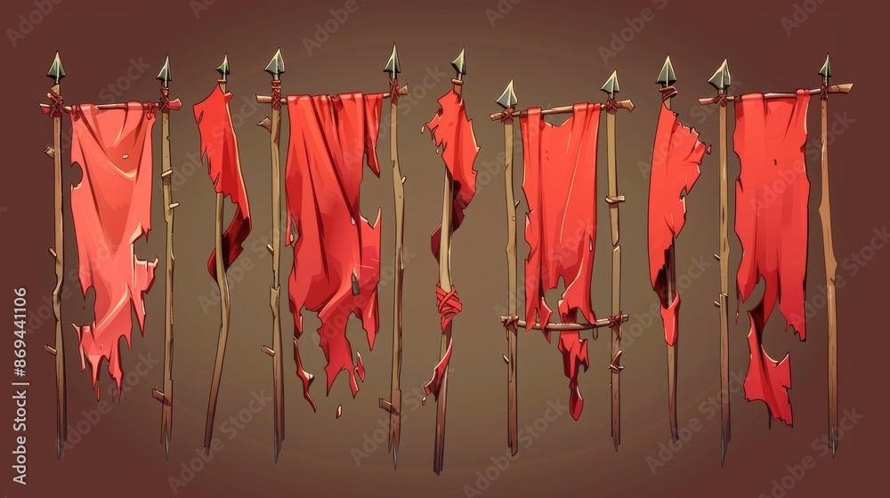 Cartoon modern set of royal medieval red game flags. Warring military ...