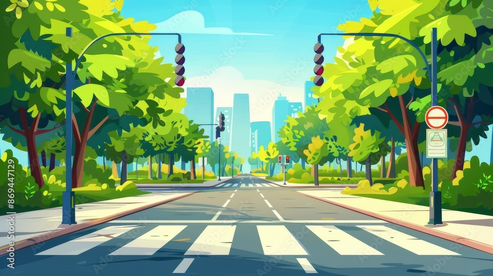 Cartoon illustration of pedestrian crosswalk in summer town with ...