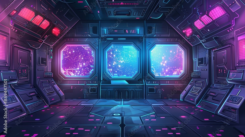 Cartoon illustration of futuristic metal spaceship interior with ...