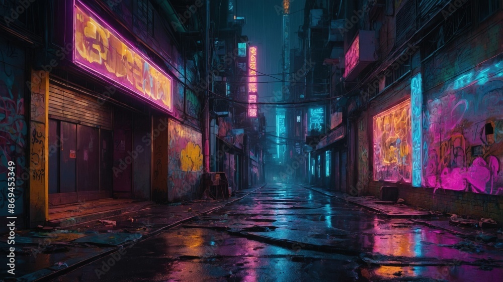 Moody urban alleyway at night illuminated by vibrant neon signs, featuring wet streets and ...
