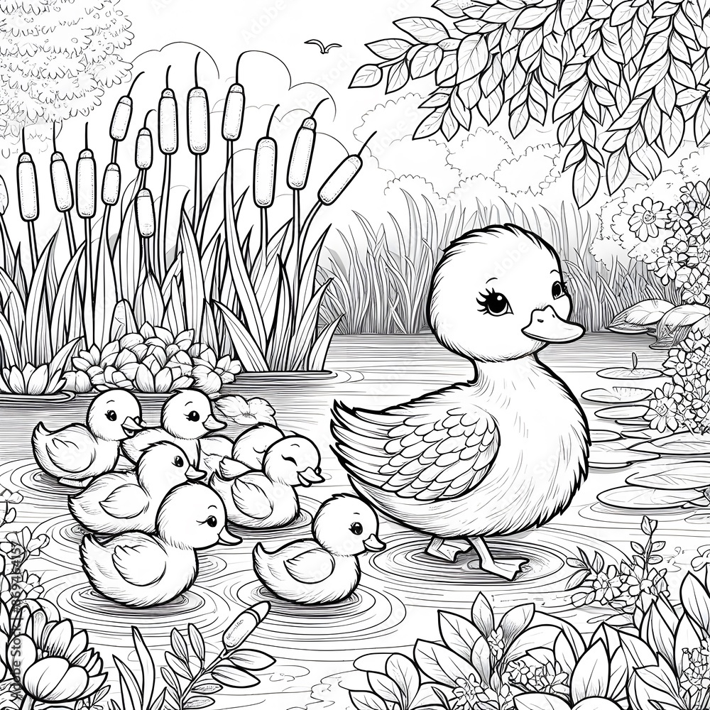 Cute Duck Cartoon Coloring Page Adorable Printable for Kids Stock Photo ...