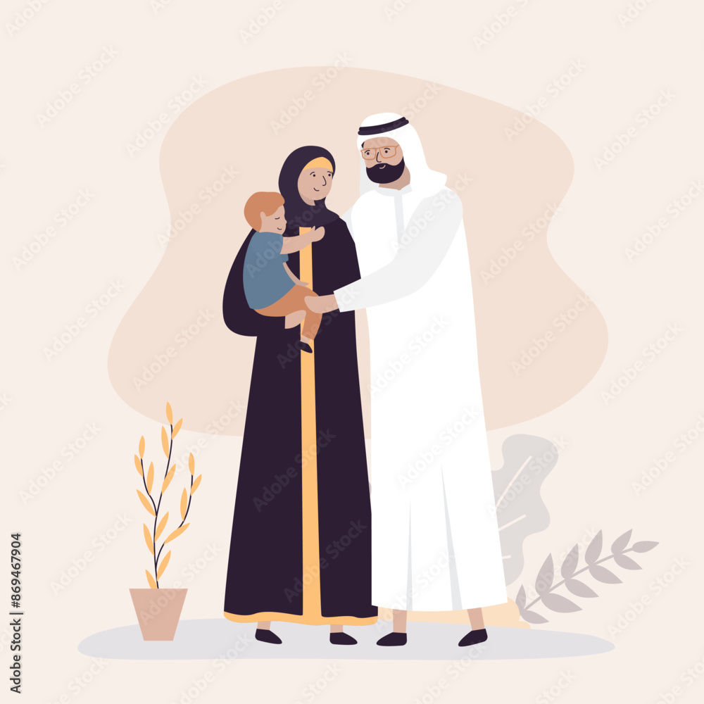 Traditional arabian young family with kid. Muslim man wearing ...