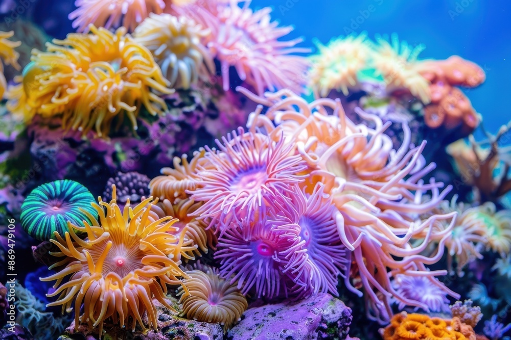 Close-up of vibrant and colorful sea anemones underwater, showcasing ...