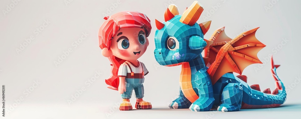 Cute pixel art doll with a dragon pet, 3D model, white background ...