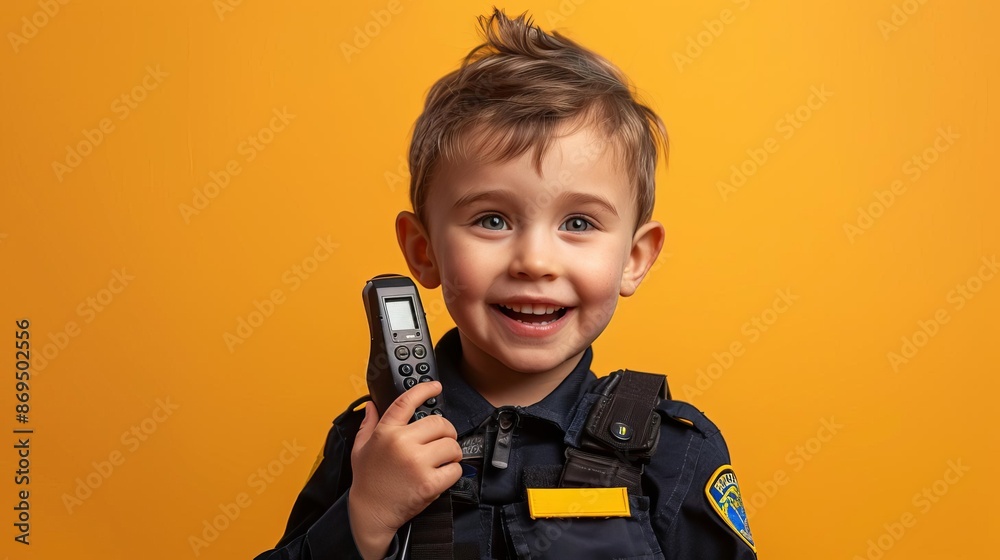 Little police officer in uniform, smiling excitedly, holding a ...