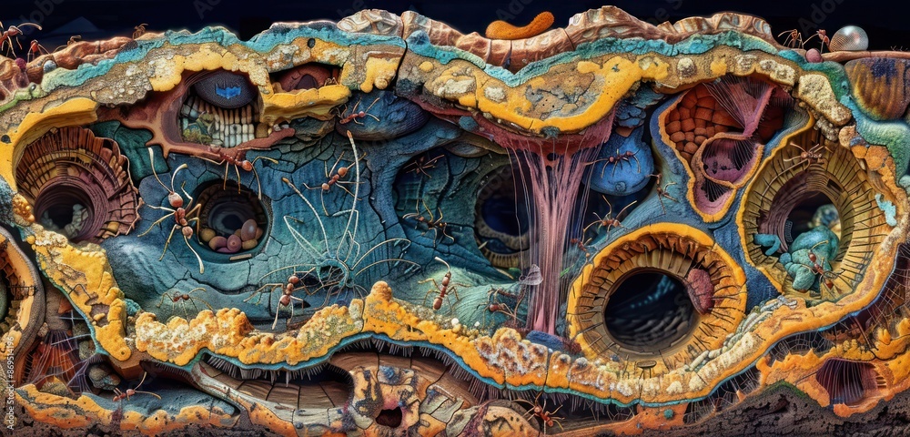 Hyper-detailed cross-section of an ant colony underground, showing ...