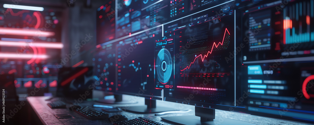 High-tech control center with multiple monitors displaying data analytics, charts, and graphs in ...