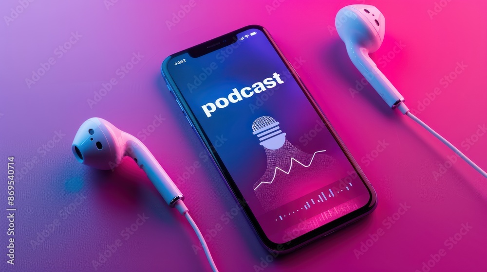 Earphones and mobile phones with podcast apps on the screen. Broadcast ...