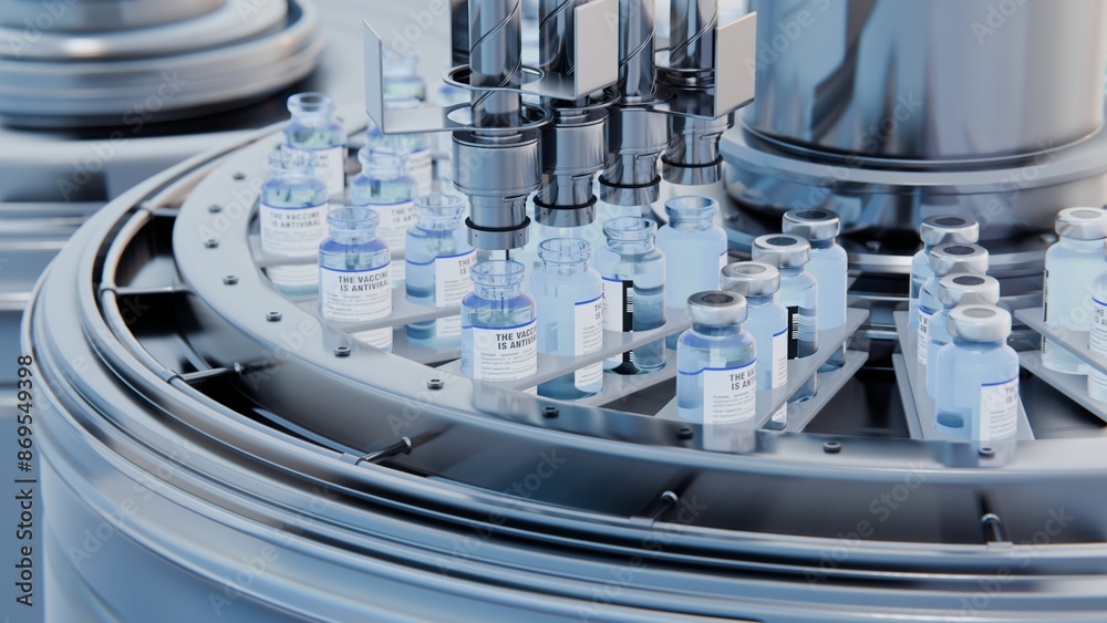 Drug manufacturing process. Line with medical ampoules line at a modern ...