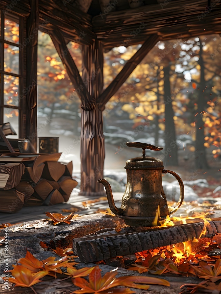 Antique Brass Percolator Bubbling Over Autumn Campfire in Cozy Cabin ...
