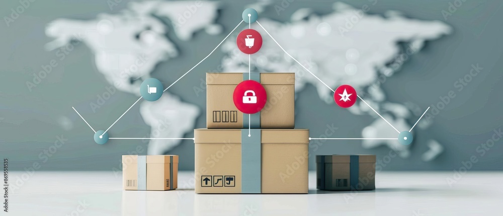 Global logistics concept showing parcel boxes in front of a world map ...
