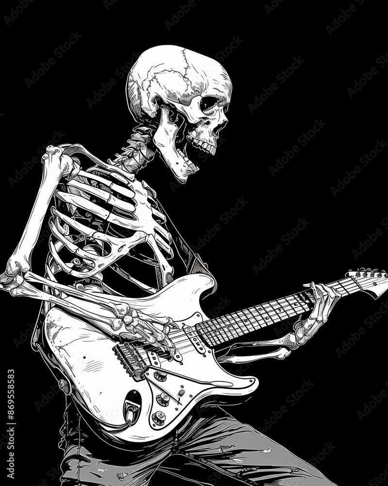 skeleton playing guitar in a heavy metal band graphic on a solid black ...