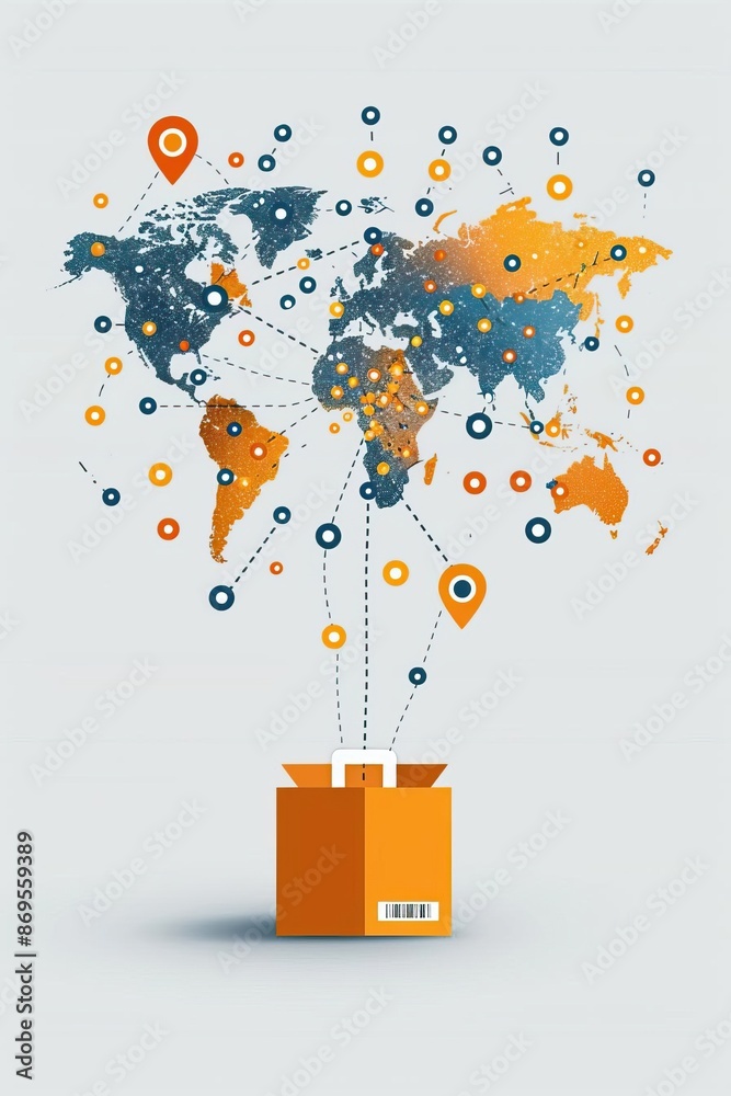 World map with delivery points and open box, illustrating global ...