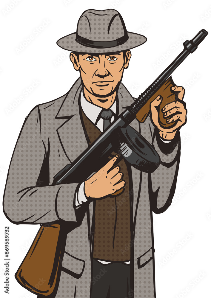 Gangster with machine gun pop art style PNG illustration. Comic book ...