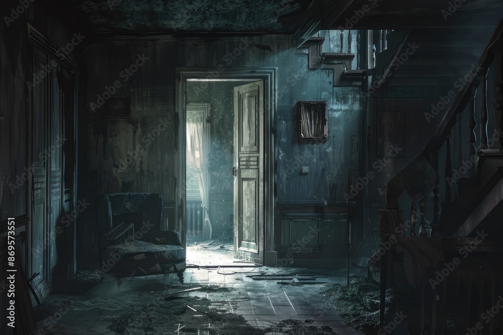 Terrifying interior of a deserted house featuring open doors leading to ...
