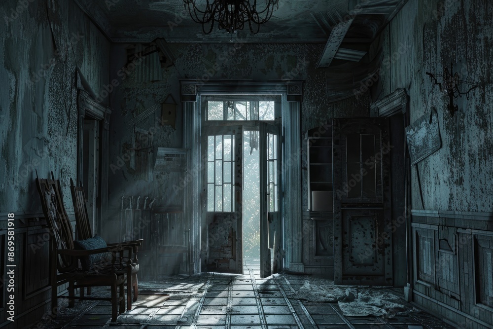 Terrifying interior of a deserted house featuring open doors leading to ...
