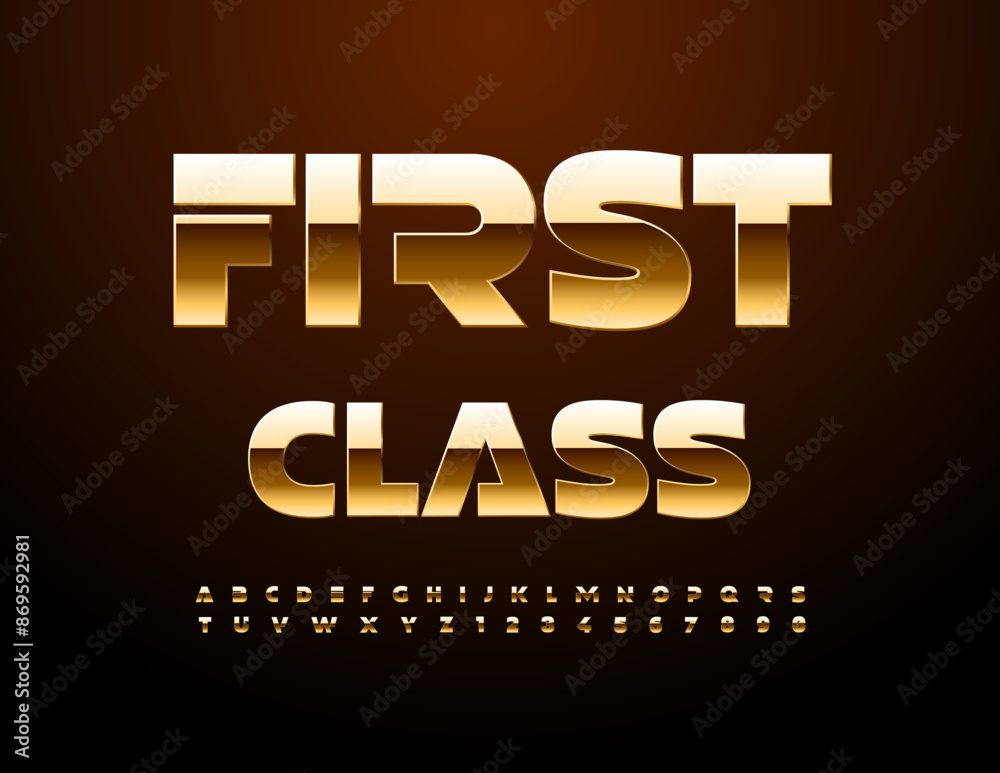 Vector glamour emblem First Class. Exclusive Gold Font. Futuristic ...