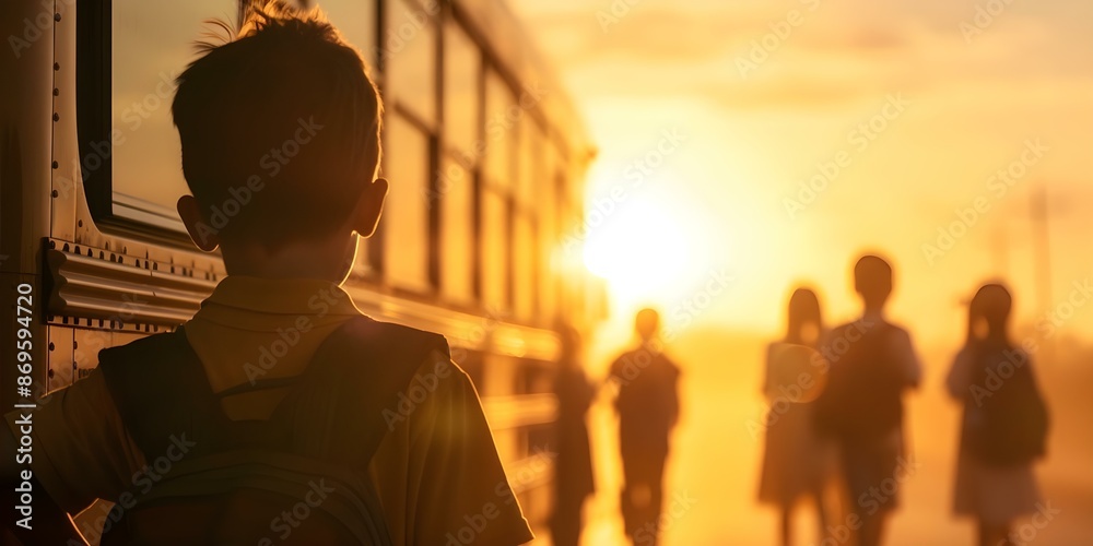 School bus drivers welcome excited children as they board at sunrise ...