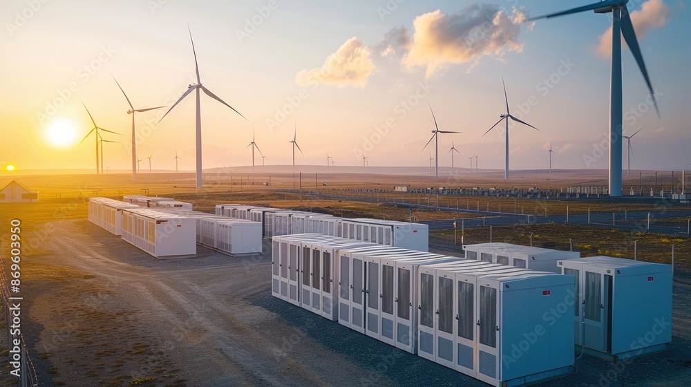 Sunset view of a wind farm with multiple wind turbines and energy ...