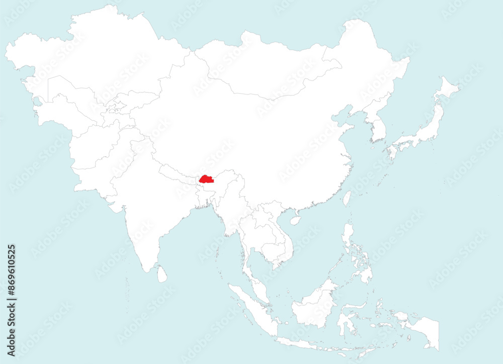 Highlighted red map of BHUTAN inside white detailed blank political map ...