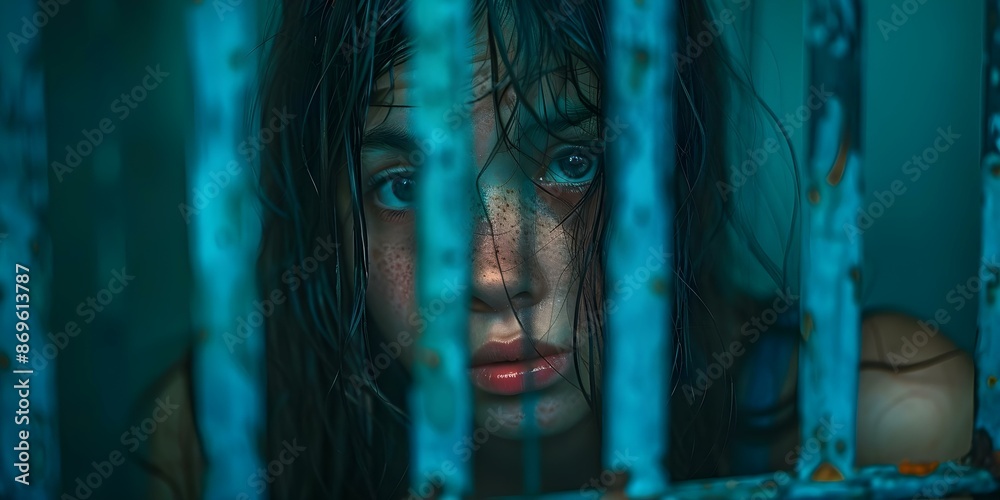 Symbolic Representation of Captivity and Despair A Girl Trapped in an Iron Cage. Concept ...