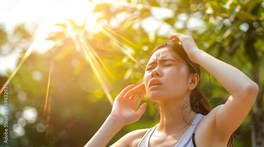 Heat stroke - Sport asian woman gets tired and get dizzy, feel bad pain ...