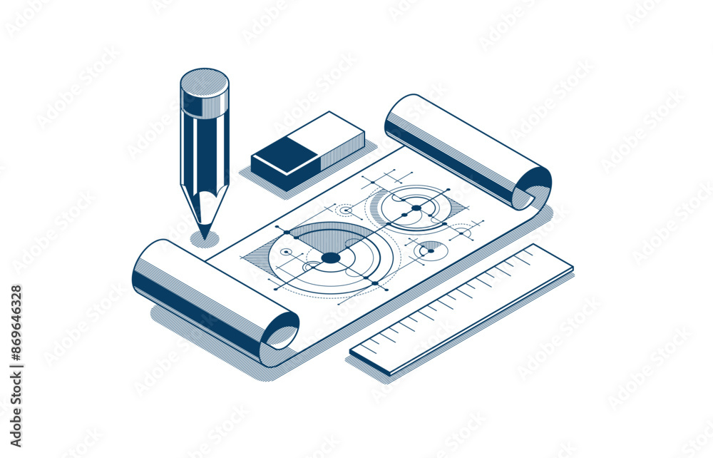 Engineering project concept, paper document blueprint engineer work ...