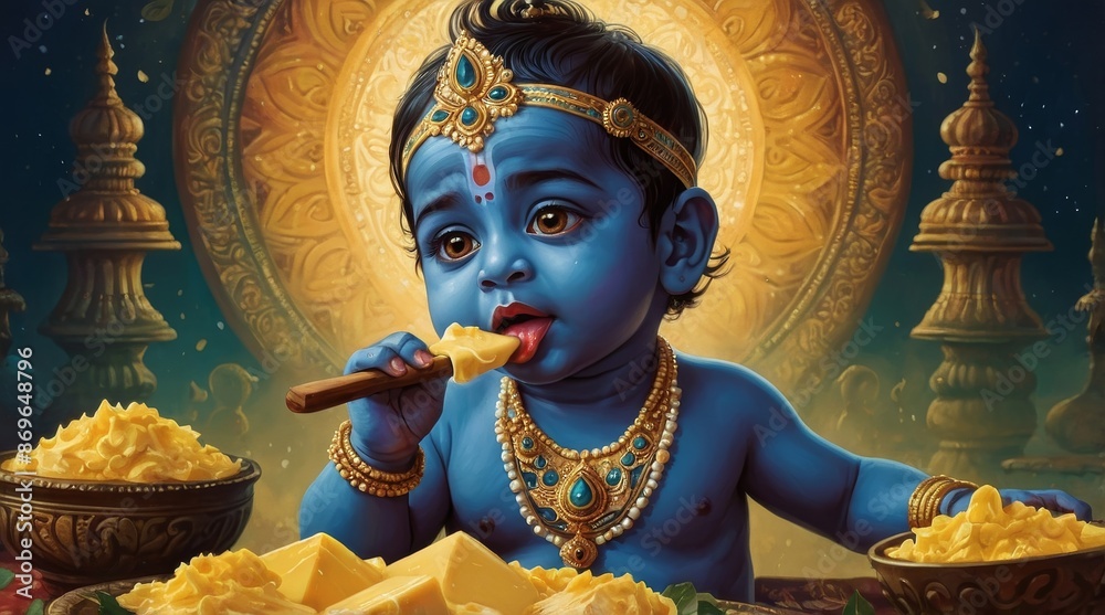 Illustration of baby krishna eating butter Stock Photo | Adobe Stock