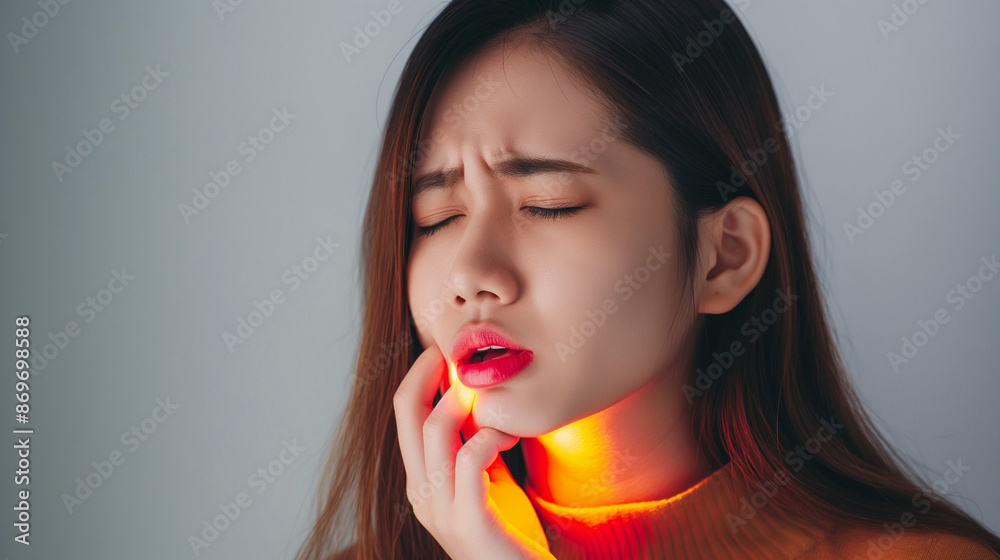 Sickness in inflaming asian young woman, girl use hand check self touch ...