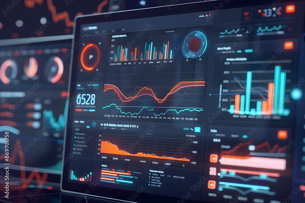 Digital dashboard with colorful data visualizations, statistics, and ...