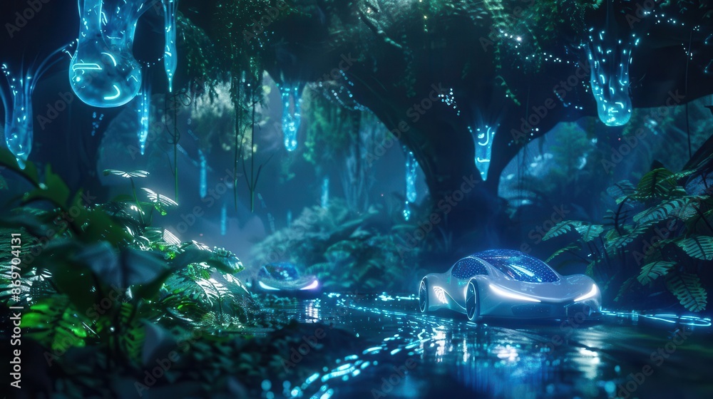 bioluminescent electric vehicle charging station in a lush alien jungle ...