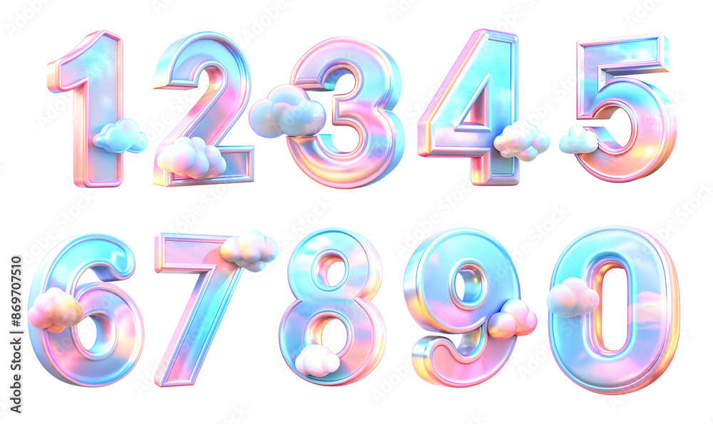 Holographic numbers 0-9, age, beautiful rainbow overflow, cloud decor ...