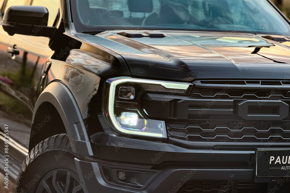 Black Ford F-150 Raptor headlight closeup, Premium Pickup Truck ...