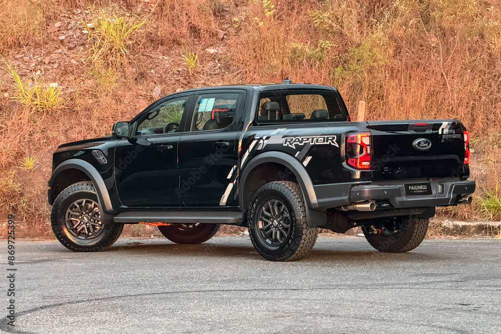 Black Ford F-150 Raptor rear three quarters view, Full size pickup ...