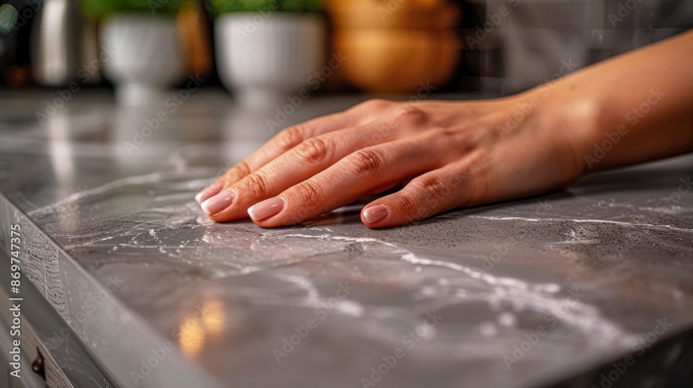 new countertop is installed in a modern kitchen. A persons hands are ...