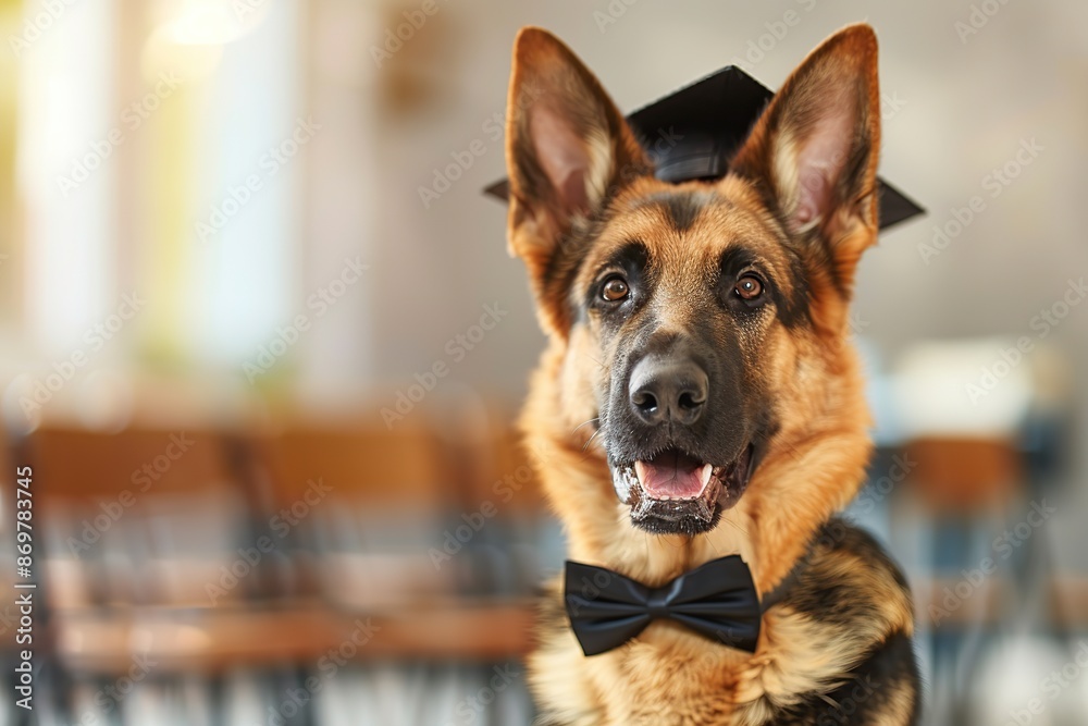 Cute german shepherd dog wearing graduation hat on blurred classroom ...