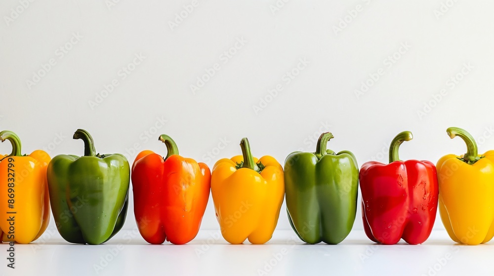 A rainbow of bell peppers arranged in a row, showcasing red, yellow ...