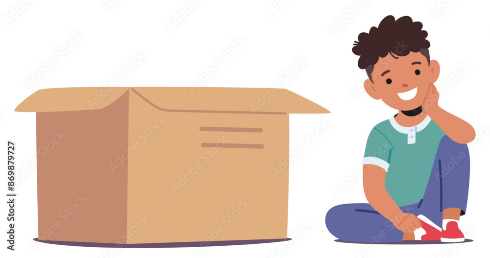 Cartoon Boy Sitting Right To A Box. Vector Image Depicts Cheerful ...